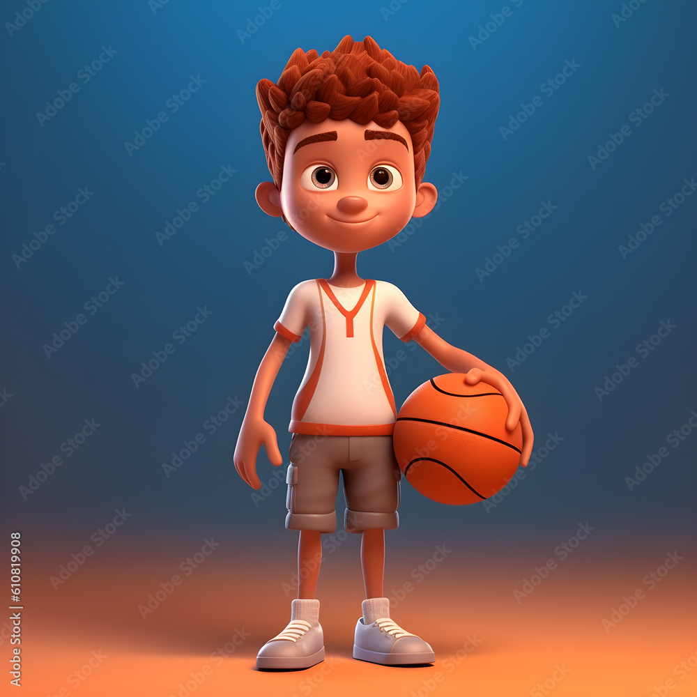 Young boy with a basketball ball. 3d illustration. Cartoon character ...