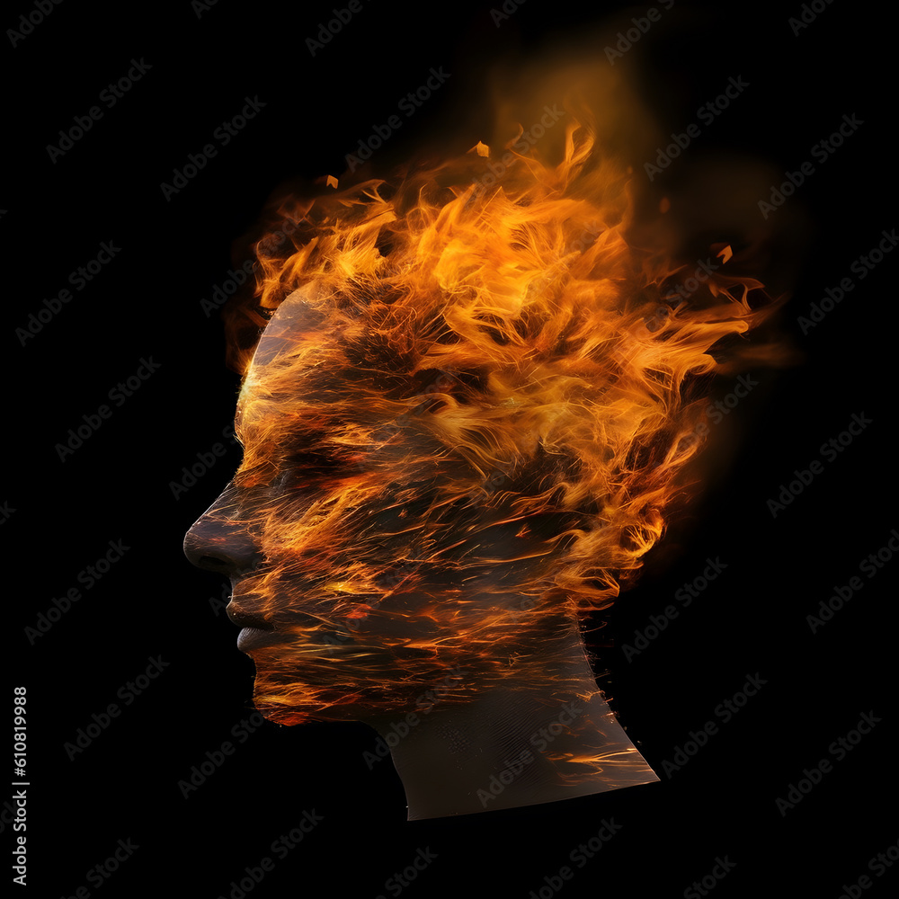Human head in fire flames on black background. AI Generative Stock ...