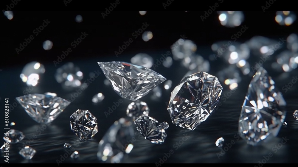 It's raining diamonds. Diamonds falling from above, dark background and ...