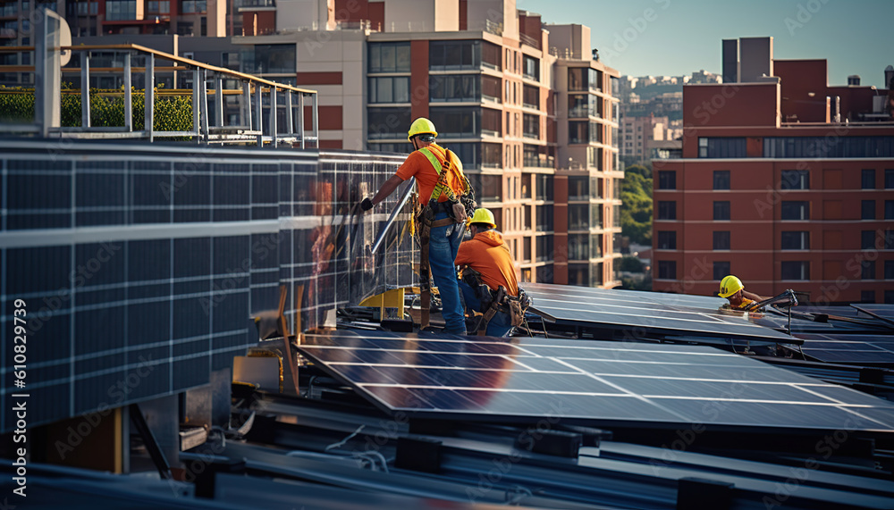 construction worker installing photovoltaic panels. solar panels Stock ...