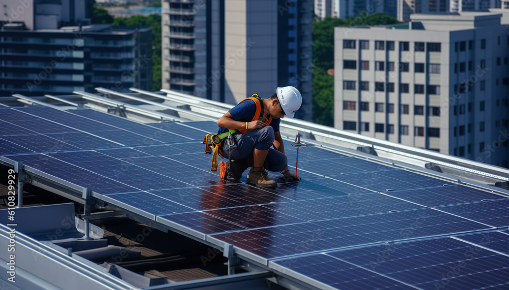 construction worker installing photovoltaic panels. solar panels Stock ...