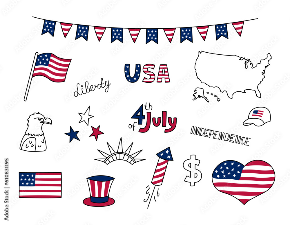 USA doodles set. United States of America vector design elements ...