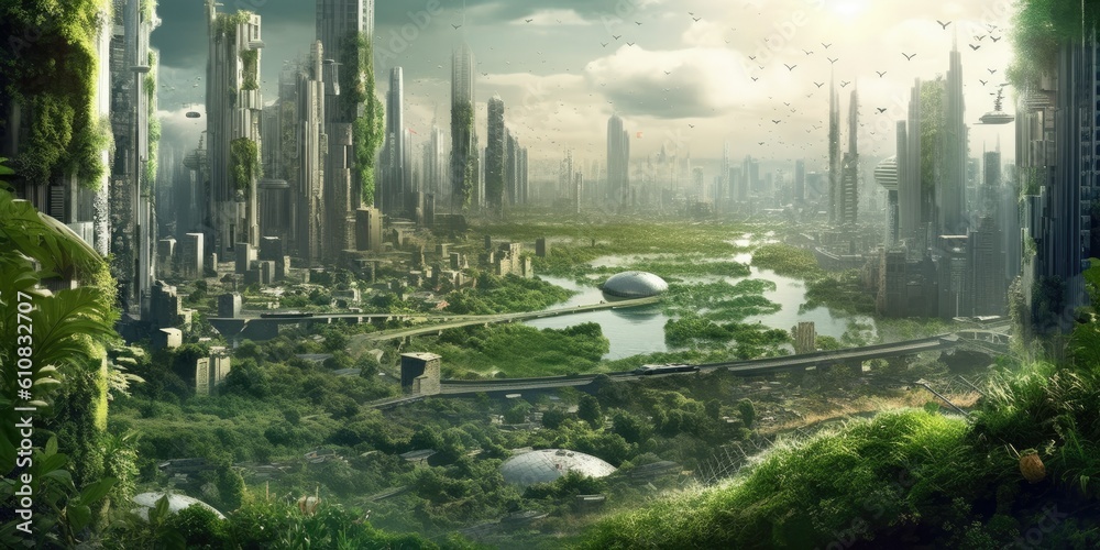 artistic representation of a polluted city gradually transforming into ...