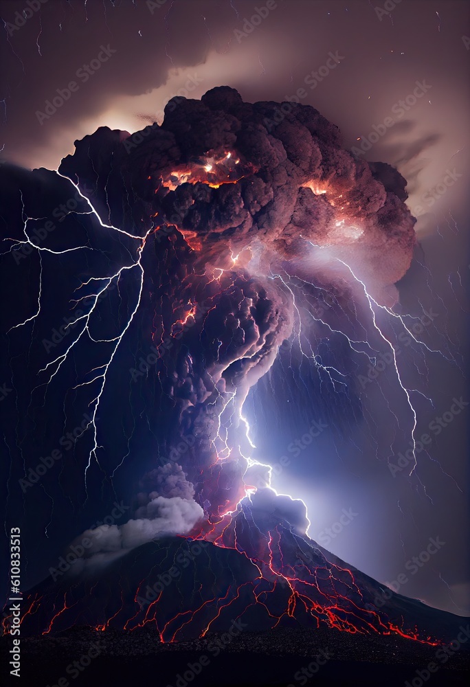 Lightning strike generated by ash cloud during volcanic eruption Stock ...