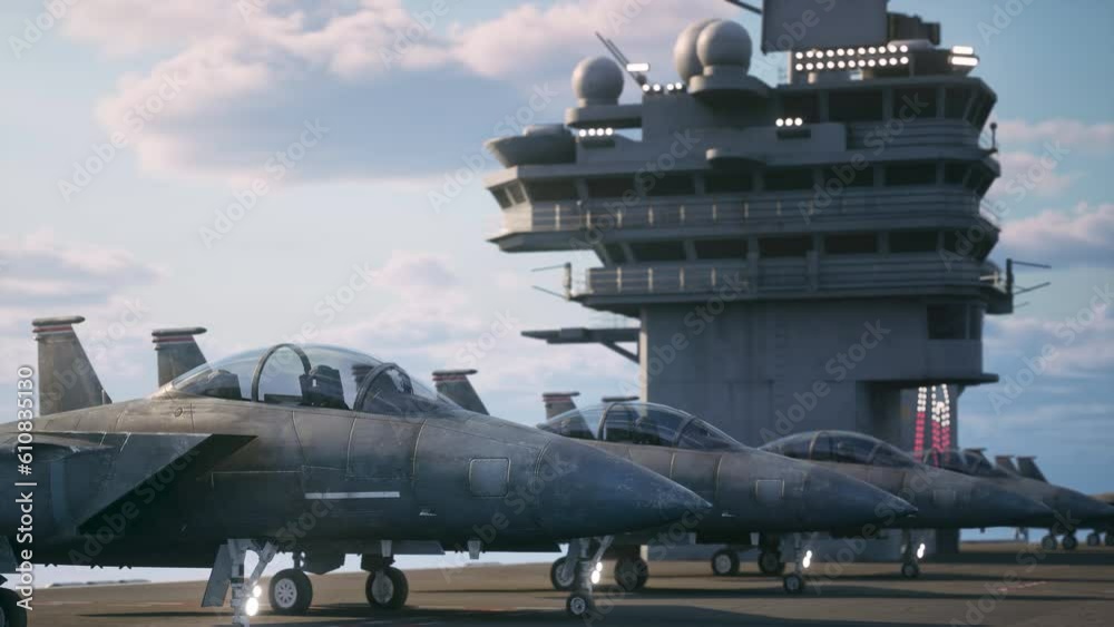 Fighter jets on an Aircraft Carrier. F-16 Fighting Falcon, F-18 hornet ...
