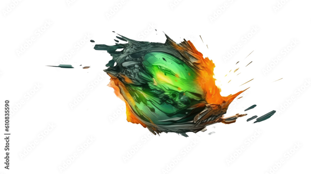 meteorite impact in green and orange abstract colorful shape, 3d render ...