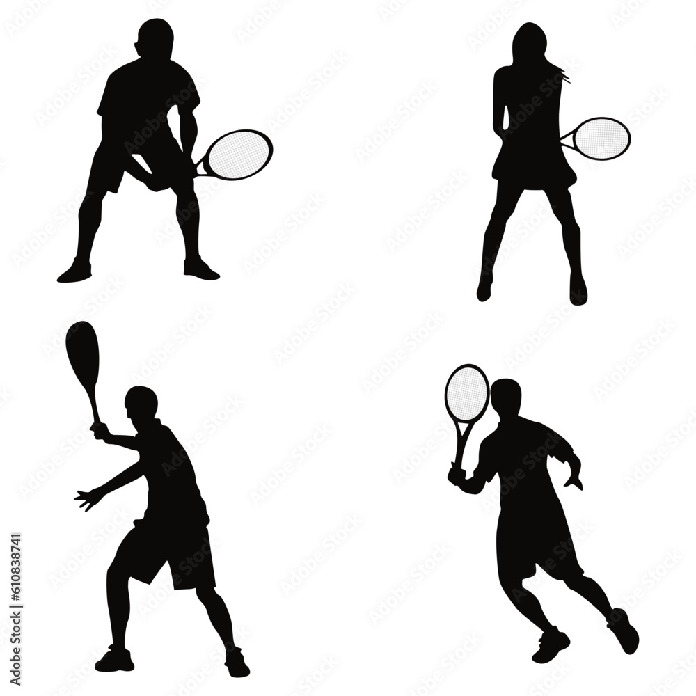 Tennis player vector silhouette isolated on white background. Big set ...