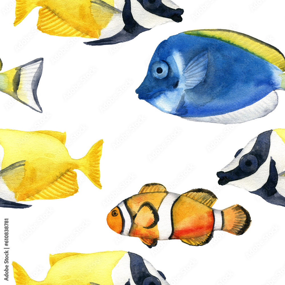 watercolor drawing seamless pattern with tropical fish, powder blue ...
