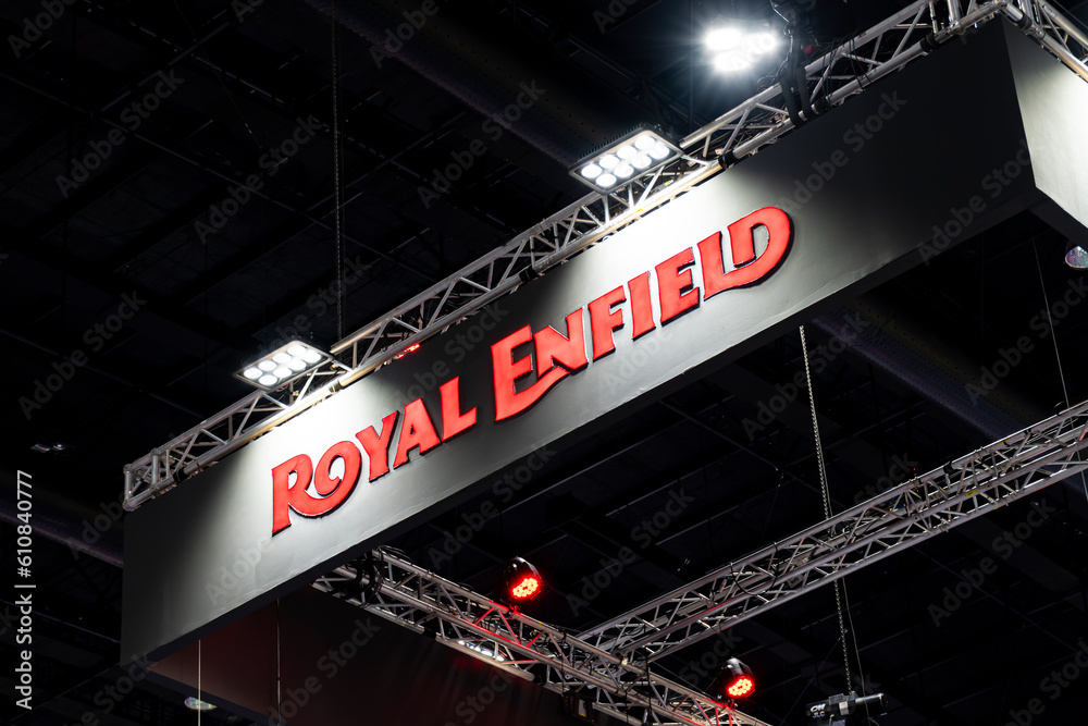 Hanging billboard with logo Royal enfield motorcycle at Thailand ...