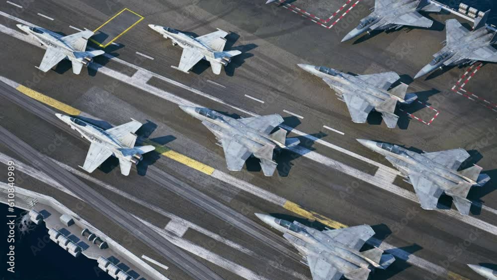 Fighter jets on an Aircraft Carrier. F-16 Fighting Falcon, F-18 hornet ...