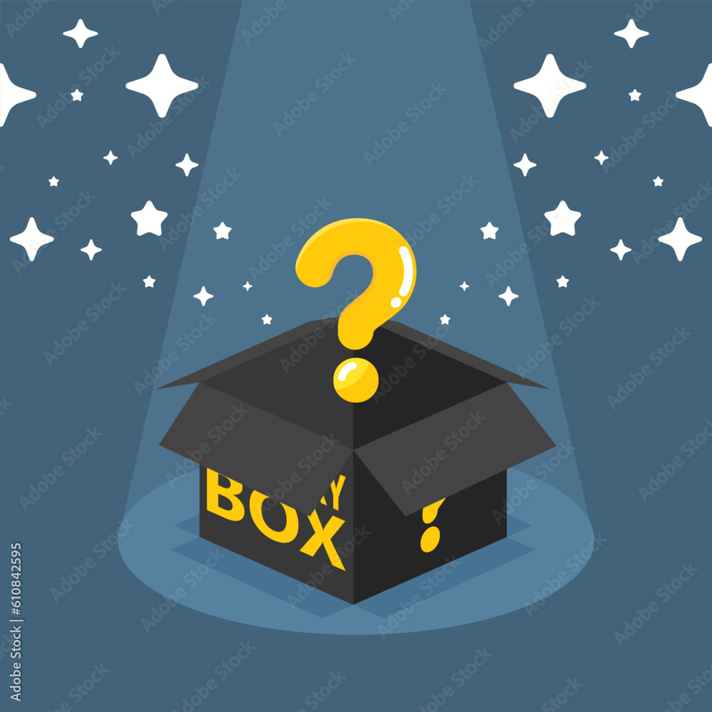 Open Black mystery gift box and question icon on dark blue background ...