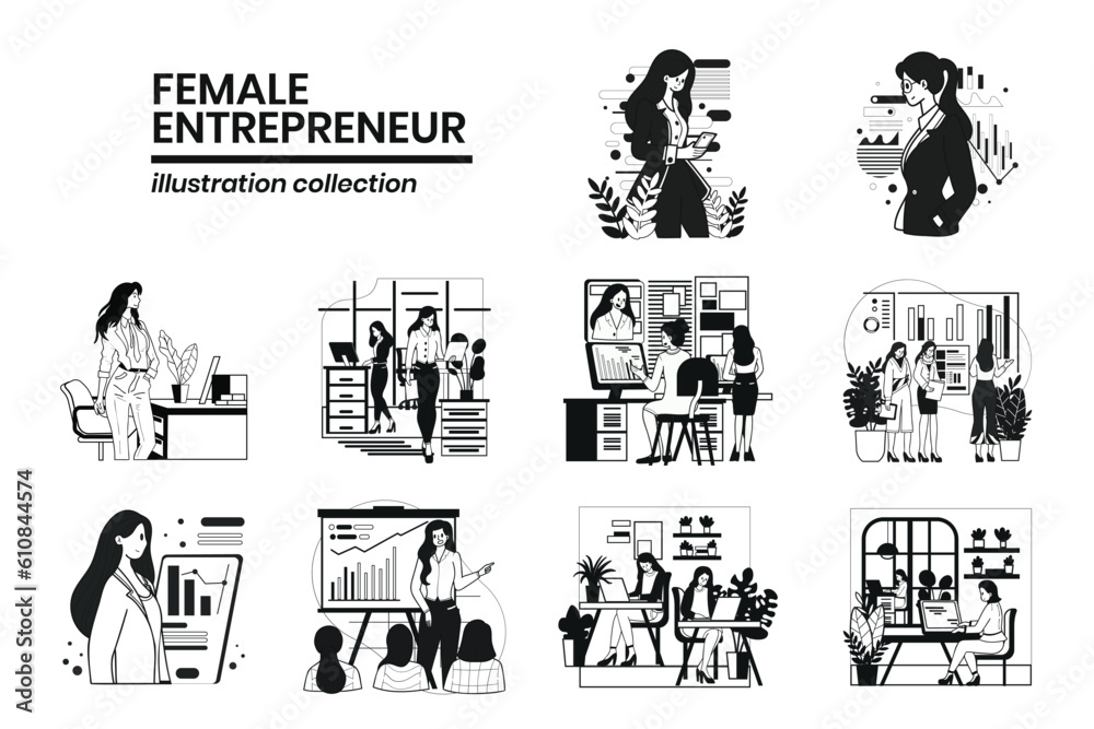 Hand Drawn female entrepreneur with business in flat style illustration ...