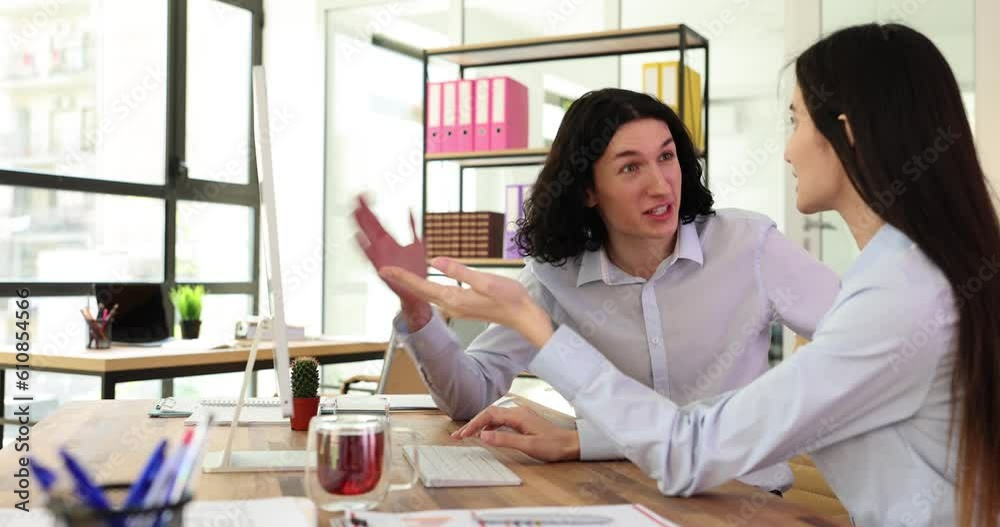 Mad employer man arguing with employee woman. Manager and trainee or ...