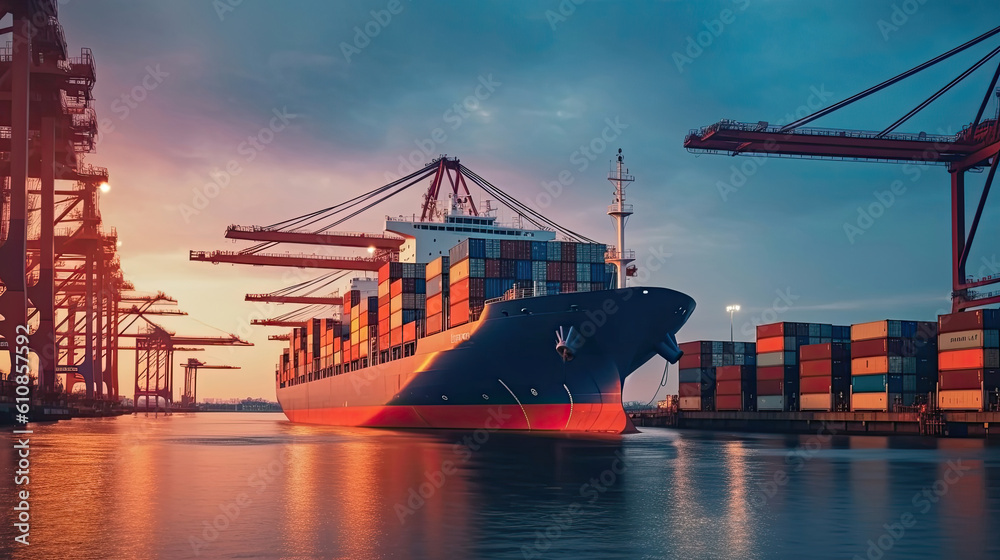 Rear view cargo container ship. Business logistic transportation sea ...