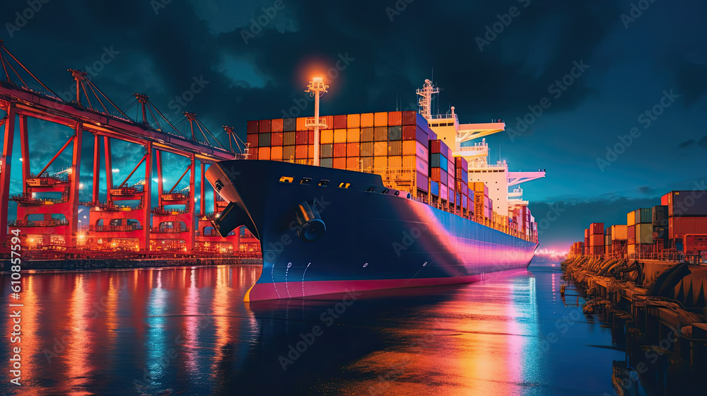 Rear view cargo container ship. Business logistic transportation sea ...