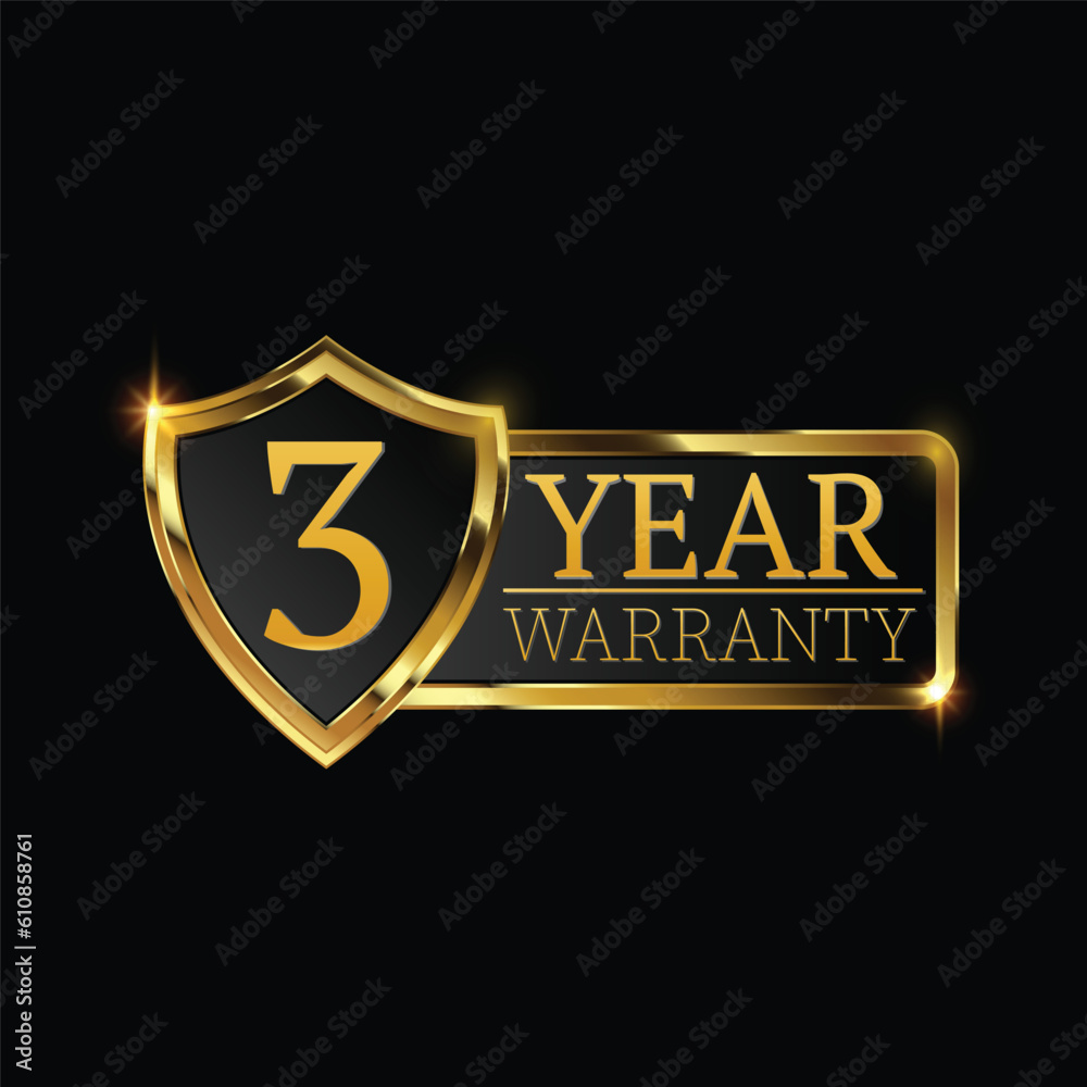3 year warranty logo with golden shield and golden ribbon.Vector ...