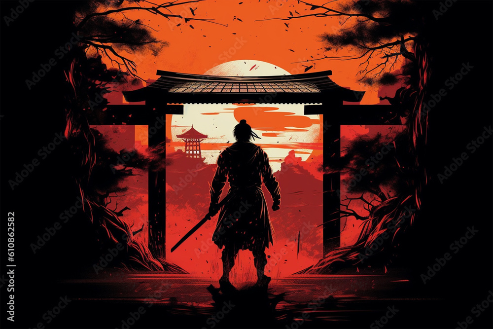 Generative AI. illustration background of a samurai in front of japan ...
