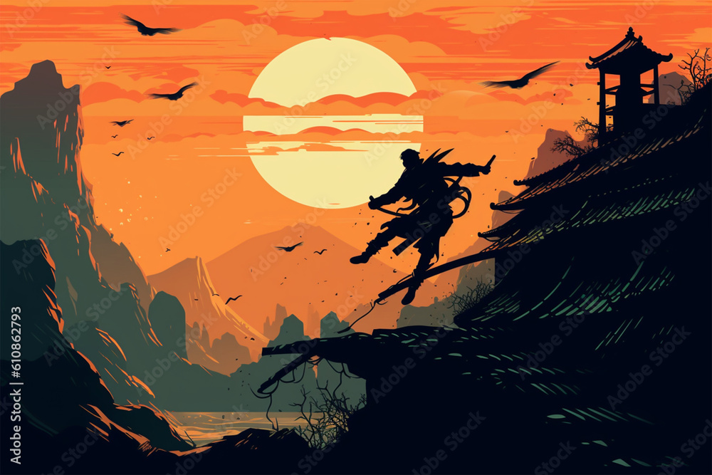 Generative AI. background illustration of a ninja on top of a cliff ...