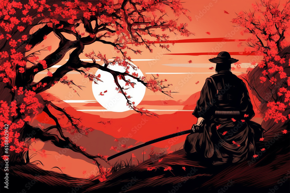 Generative AI. background illustration of a samurai under a cherry tree ...