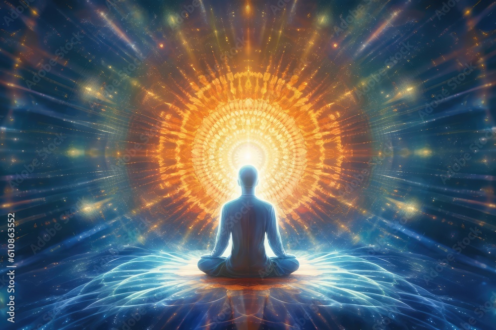 Human body with luminous chakras and kundalini energy on space esoteric ...