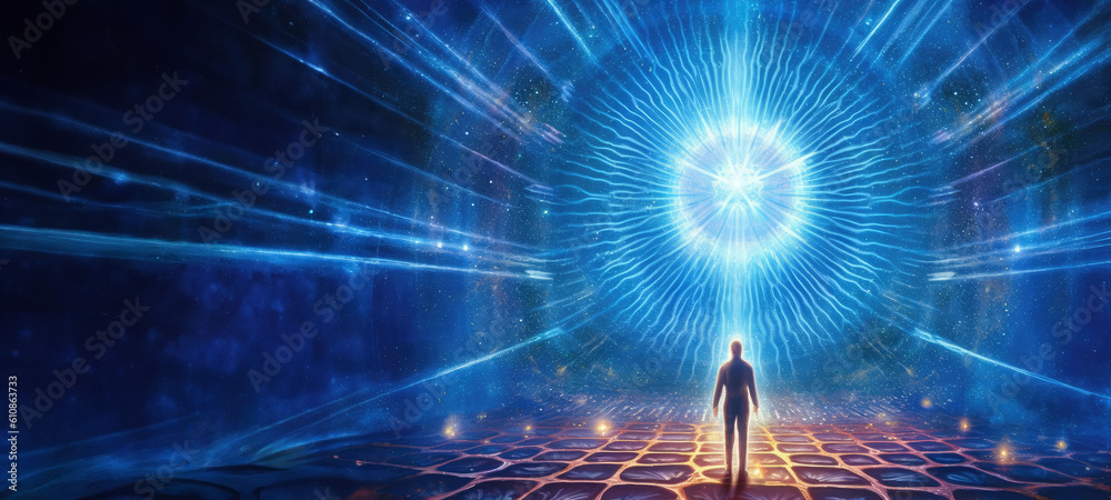 Human body with luminous chakras and kundalini energy on space esoteric ...