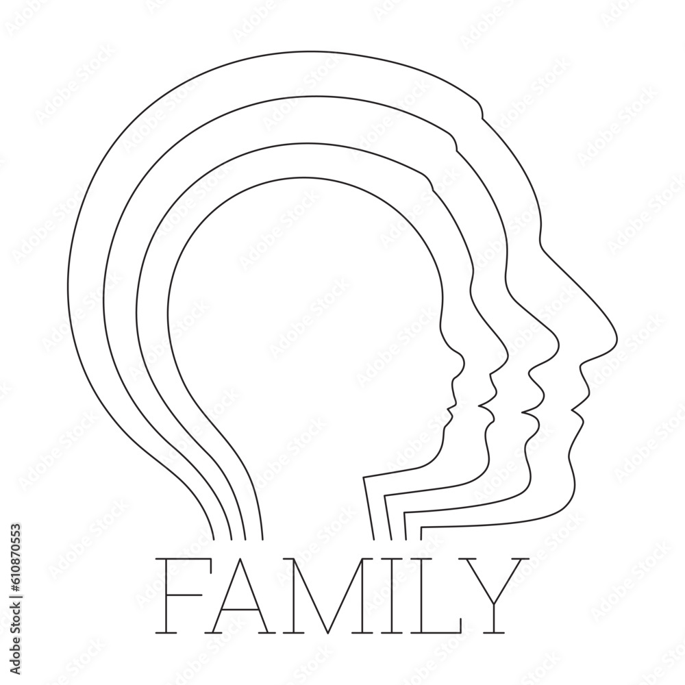 Vector black line image of overlapping family heads, dad, mom, and two ...