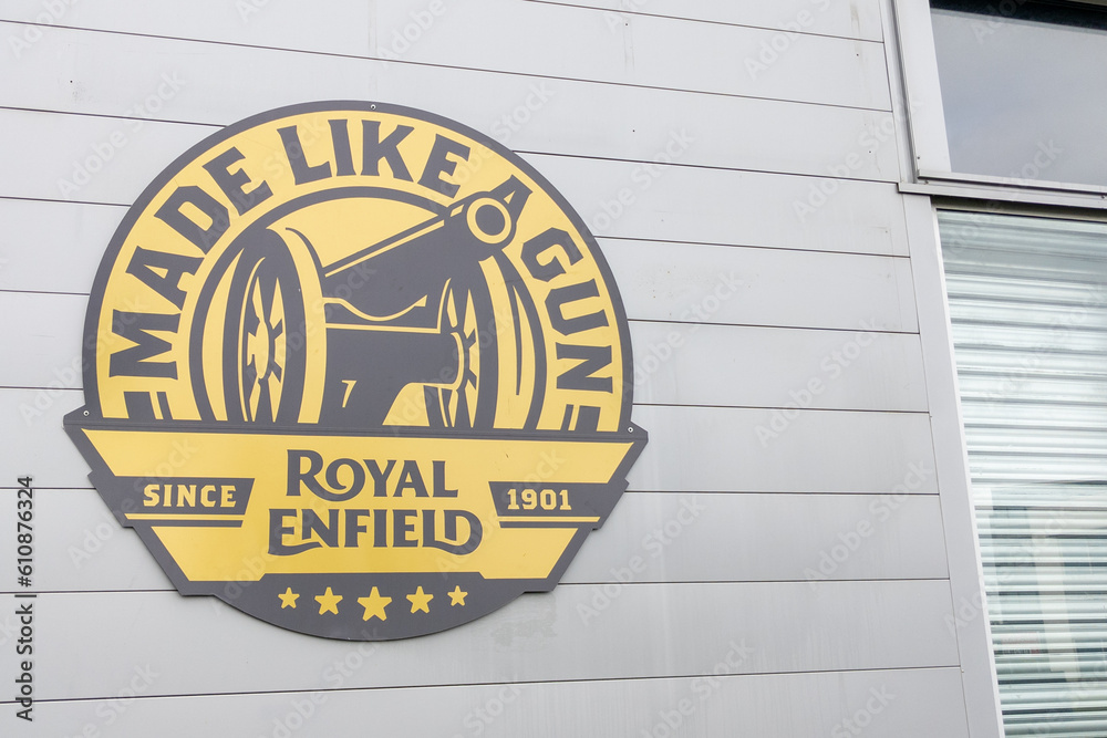 Royal Enfield motorcycle logo brand and text sign made like a gun of ...