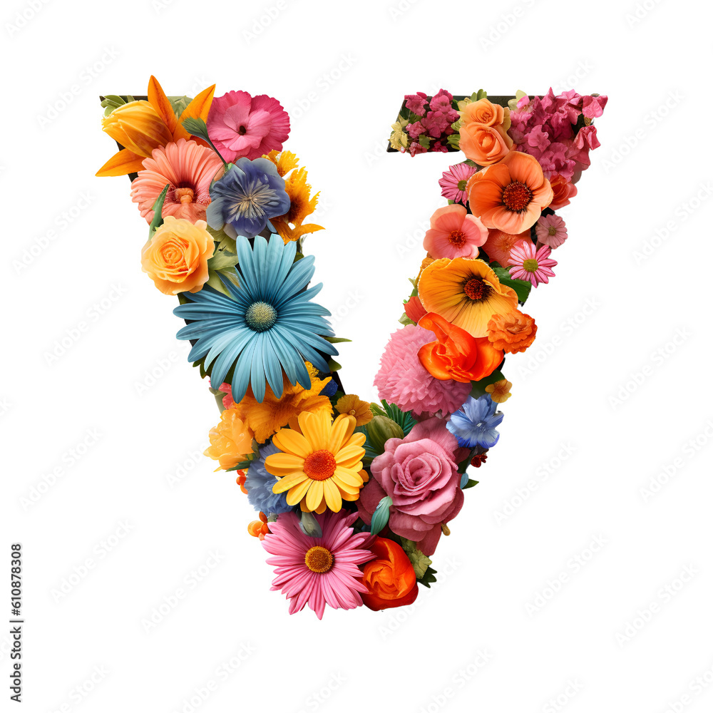 alphabet V made of flowers, Set of flower flora font, generative ai ...
