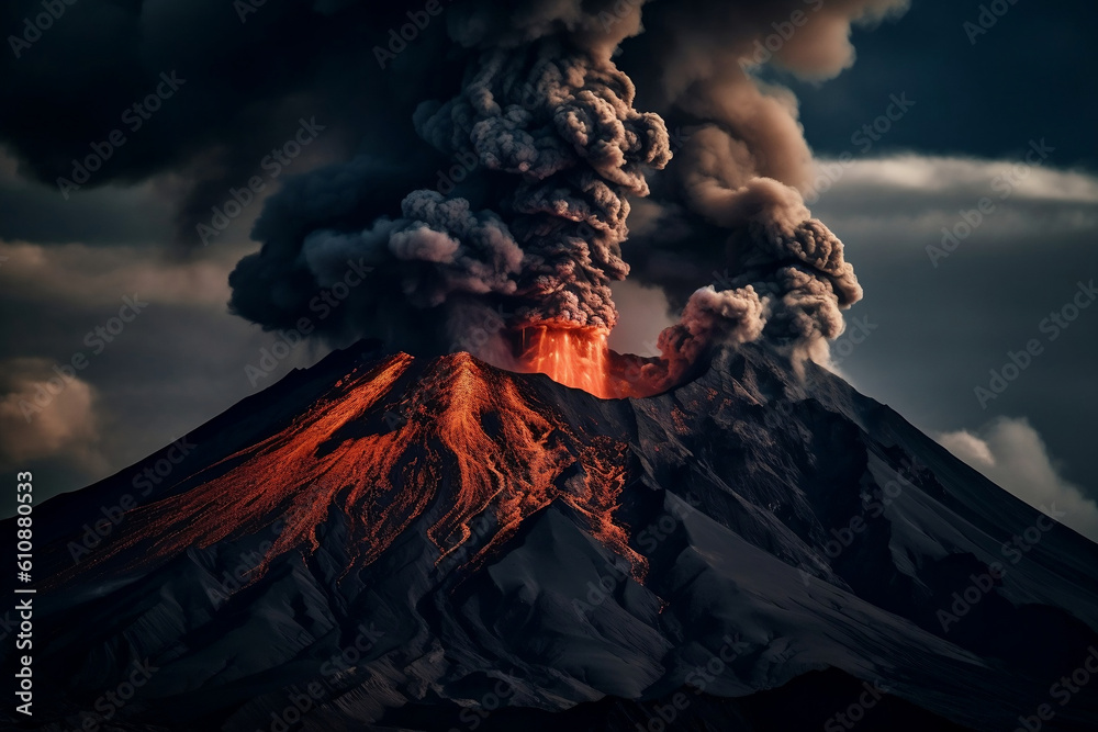 Realistic, huge, massive Volcano Eruption. A large volcano erupts hot ...