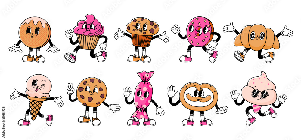 Vetor de Retro dessert character. Cute cartoon mascot sweets, smile ...