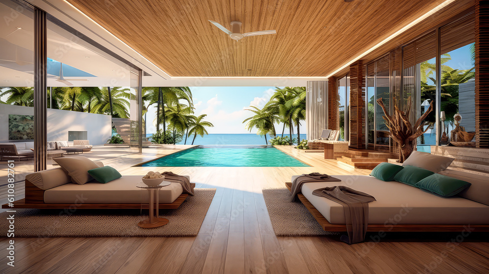 3D render, Modern Interior and pool villa Concept: Embracing the ...