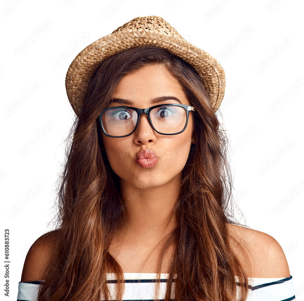 Isolated woman, pouting and kiss in portrait with glasses, hat and gen ...