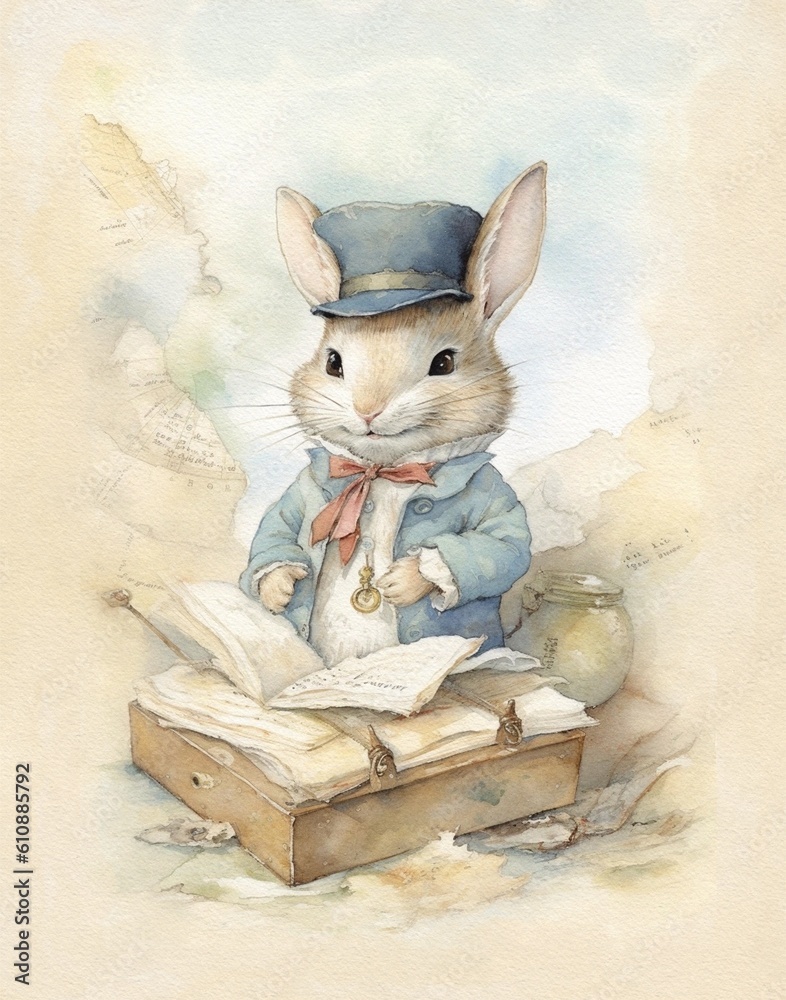 watercolor drawing of an animal captain of a pirate ship, the adventure ...