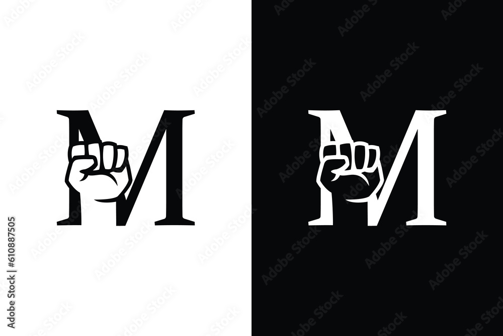 Hand fist and M letter black and white concept. Very suitable in ...