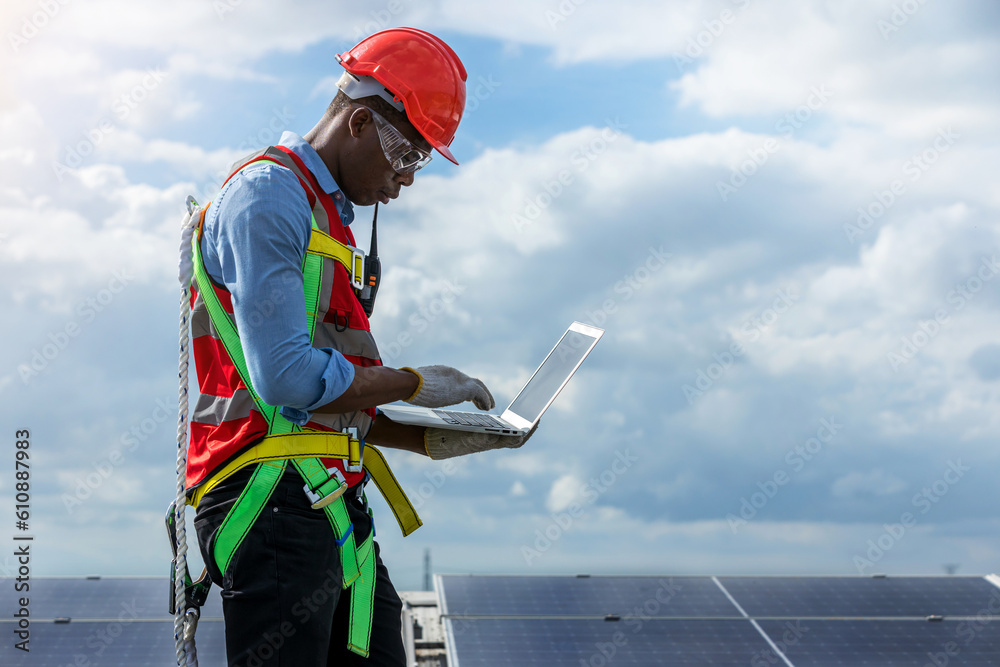Engineer working setup Solar panel at the roof top. Engineer or worker ...
