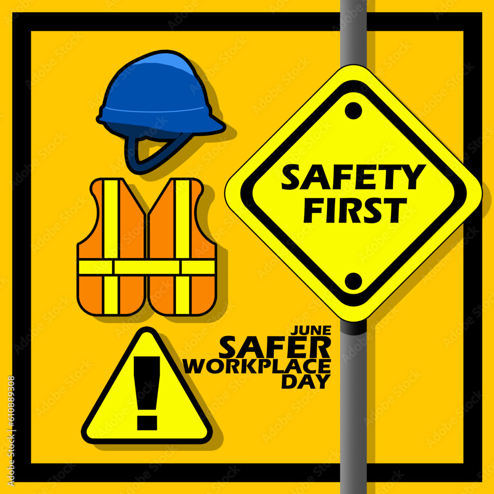 A protective helmet with protective jacket, sign board, warning pole ...