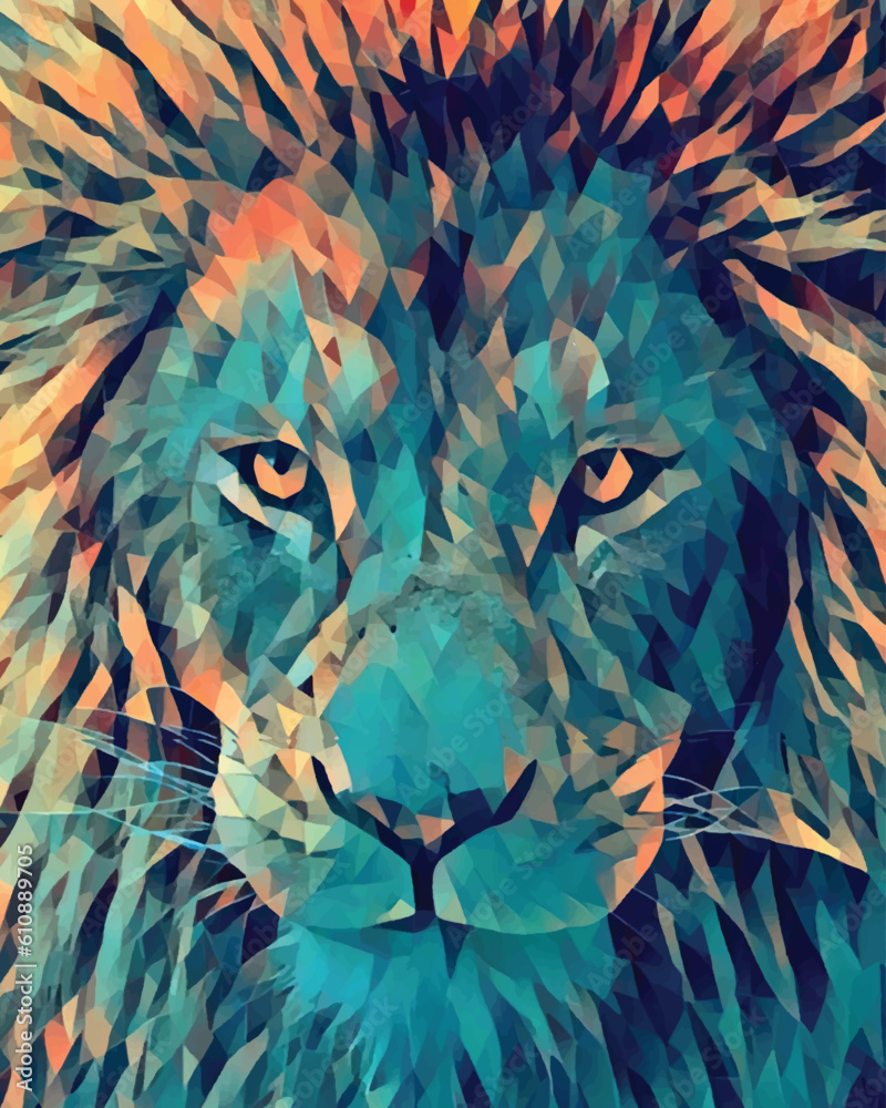 Lion head art vector illustration. Polygon lion head. Abstract colorful lion head. Scary lion ...