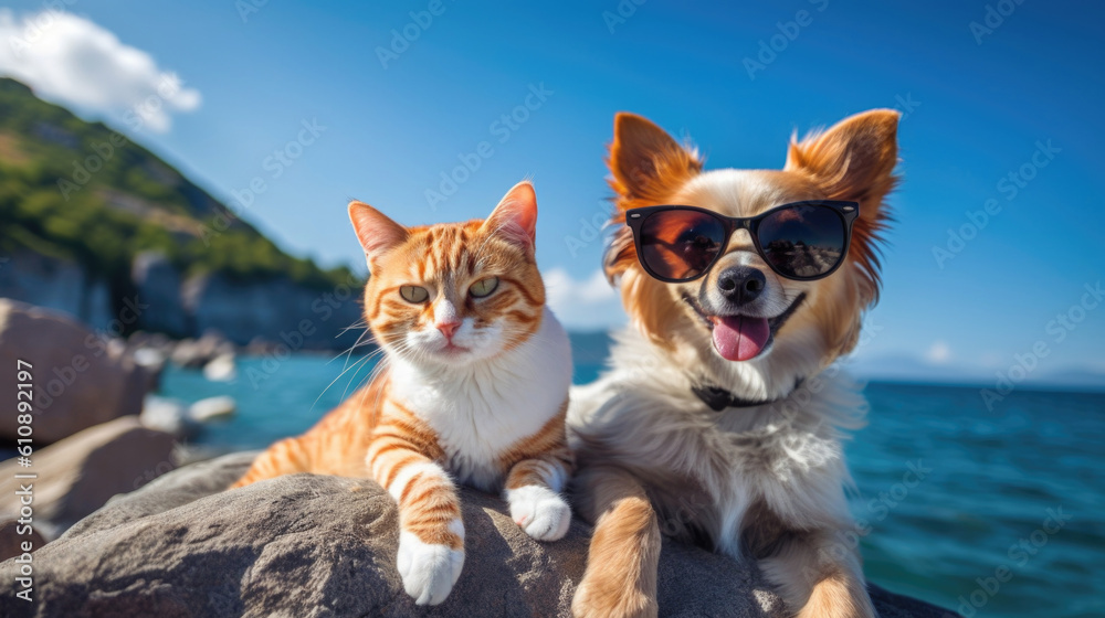 Cat and dog happily relaxing on the beach on vacation, traveling with ...