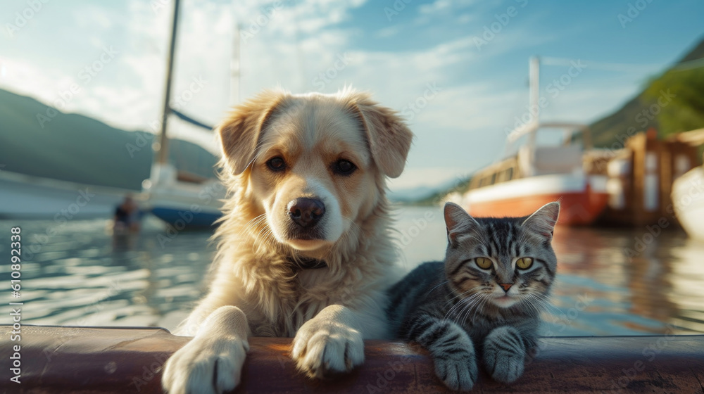Cat and dog happily relaxing on the beach on vacation, traveling with ...