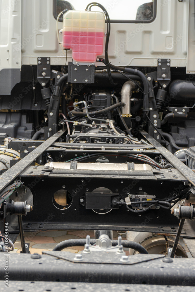 Truck car gearbox inside under the hood chassis clean. View on chassis ...