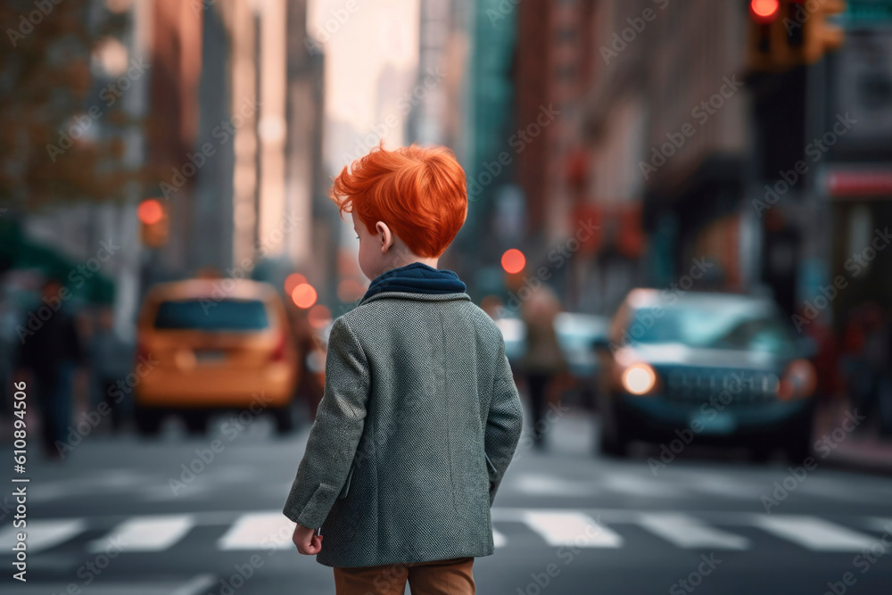 AI generated back view portrait of candid authentic redhair little boy ...