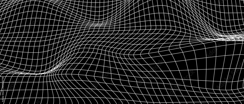 White Grid Distortion On Black Background Waved Mesh Surface Net With