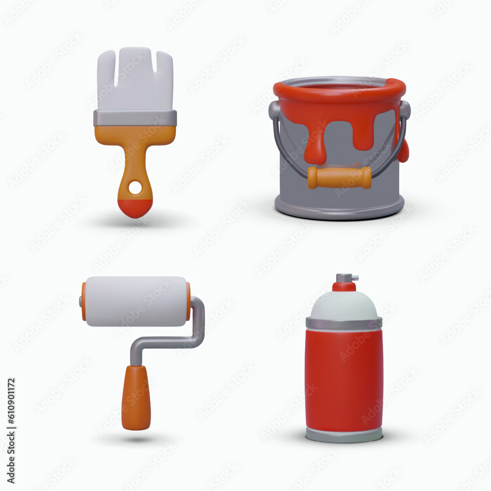 Set of different tools for painting walls. 3d realistic bucket with red ...