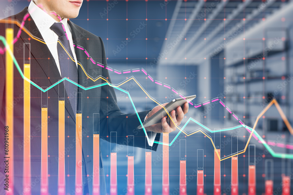 Headless european businessman using tablet with downward red crisis ...