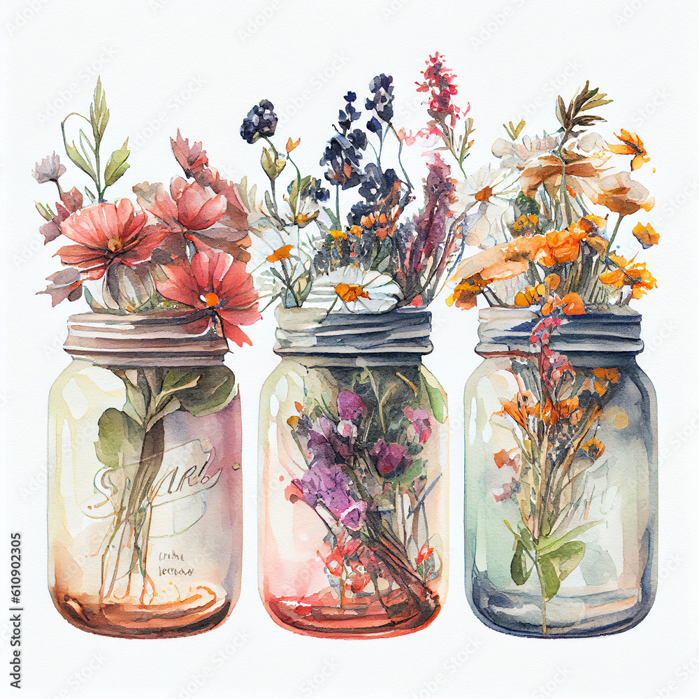 3 mason jars side by side filled with overflowing bundle Generative AI ...