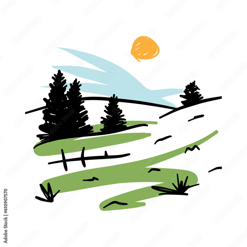 Simple line art nature landscape. Hand drawn rural scene. Vector meadow ...
