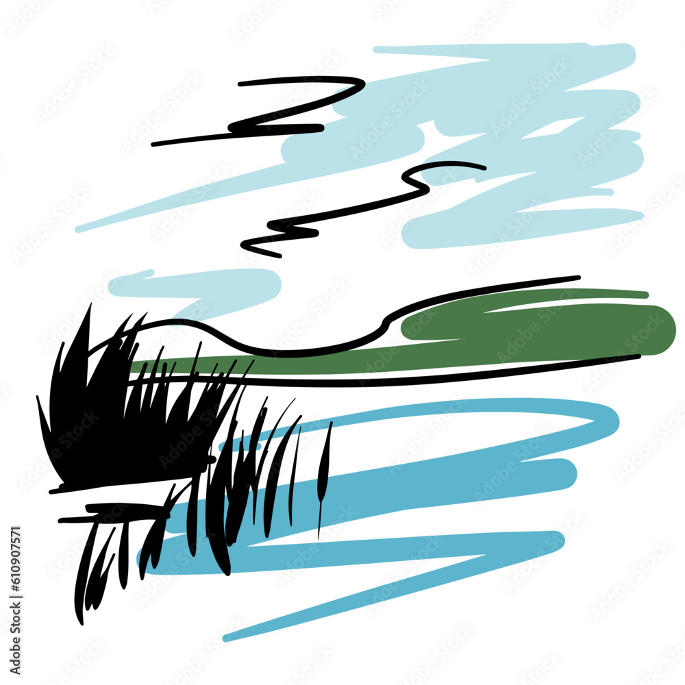 Simple line art nature landscape. Hand drawn lake rural scene. Vector ...