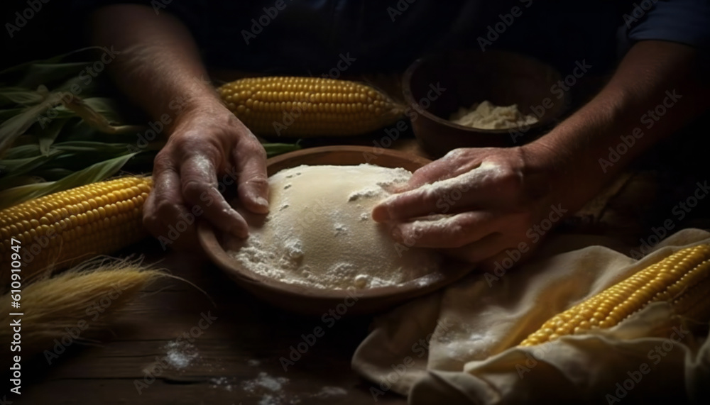 Recreation artistic still life of woman hands working dust flour corn ...