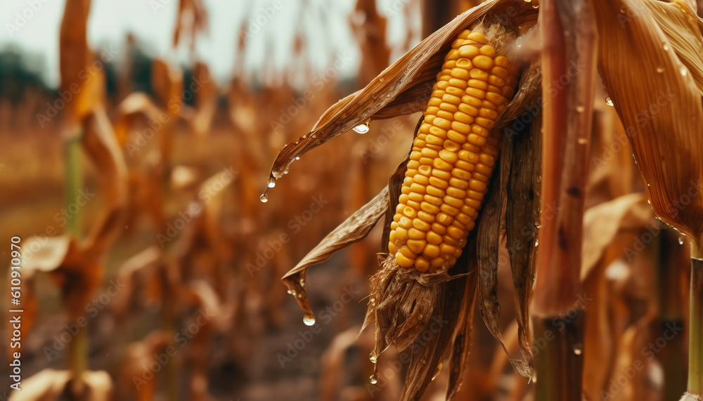 Recreation artistic of cob corn in a maize plant with yellow corn ...