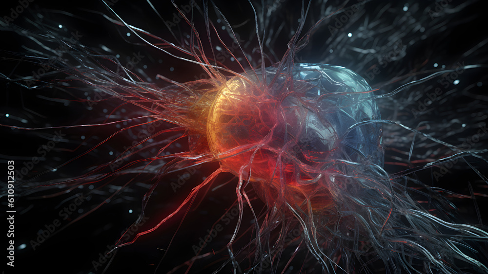 Microscopic Tiny Orange Wires Structure With Blob Like Node Cell On Black Background Neural
